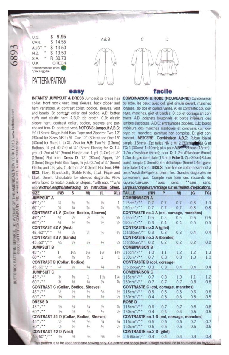 Butterick 6893 Infant's Dresses, Jumpsuit Size: L-XL Uncut Sewing Pattern