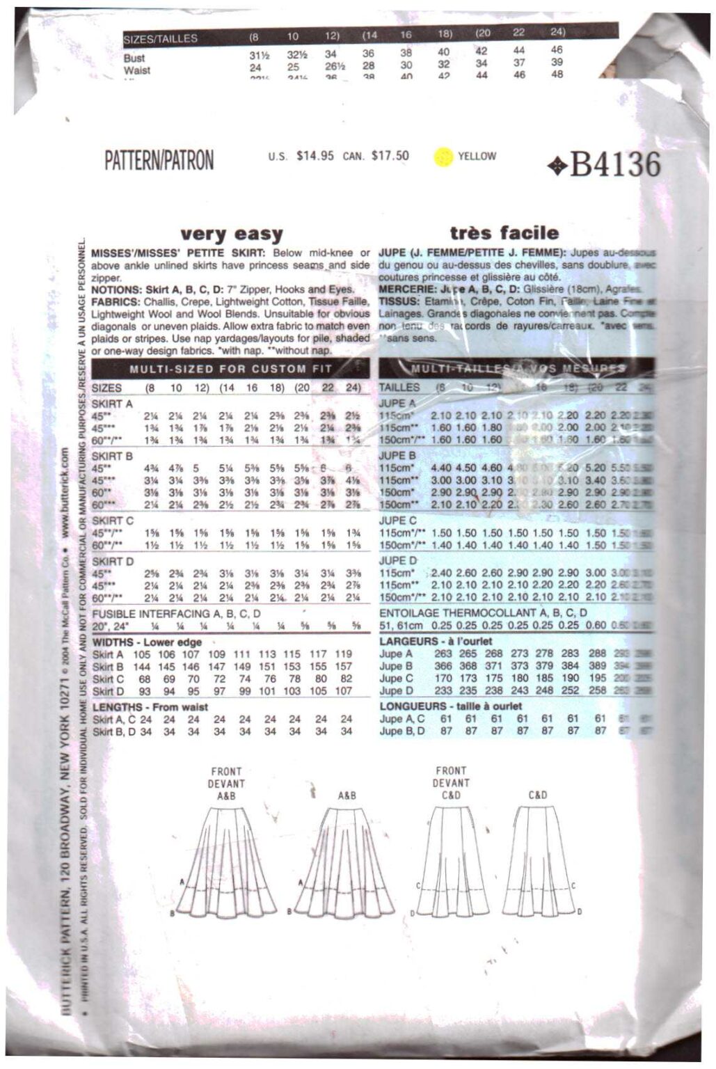 Butterick B4136 Skirts Size: 8-10-12 or 14-16-18 Uncut Sewing Pattern