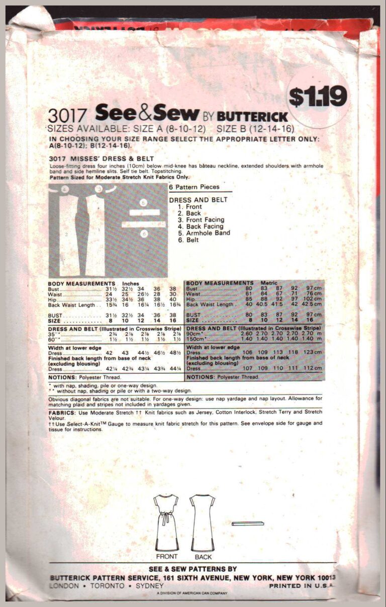 Butterick 3017 Dresses, Belt Size: B 12-14-16 Used Sewing Pattern