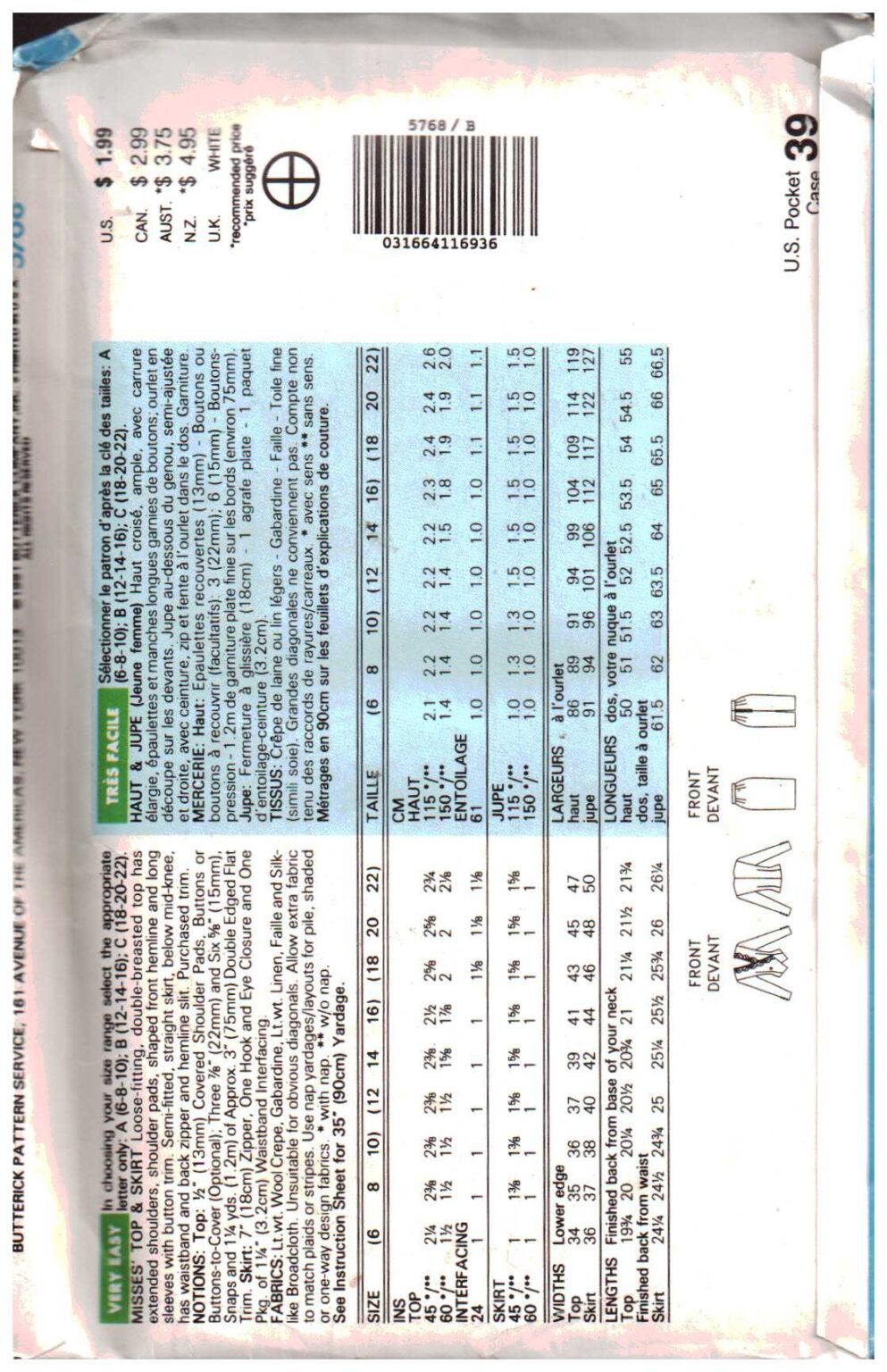 Butterick 5768 Tops and Skirts Size: A 6-8-10 or B 12-14-16 Uncut ...