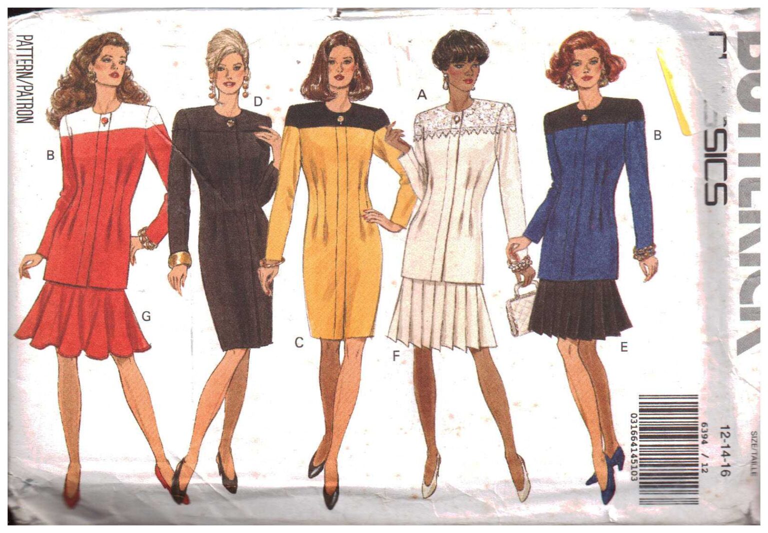 Butterick 6394 Dresses, Tops, Skirts Size: 12-14-16 Uncut Sewing Pattern
