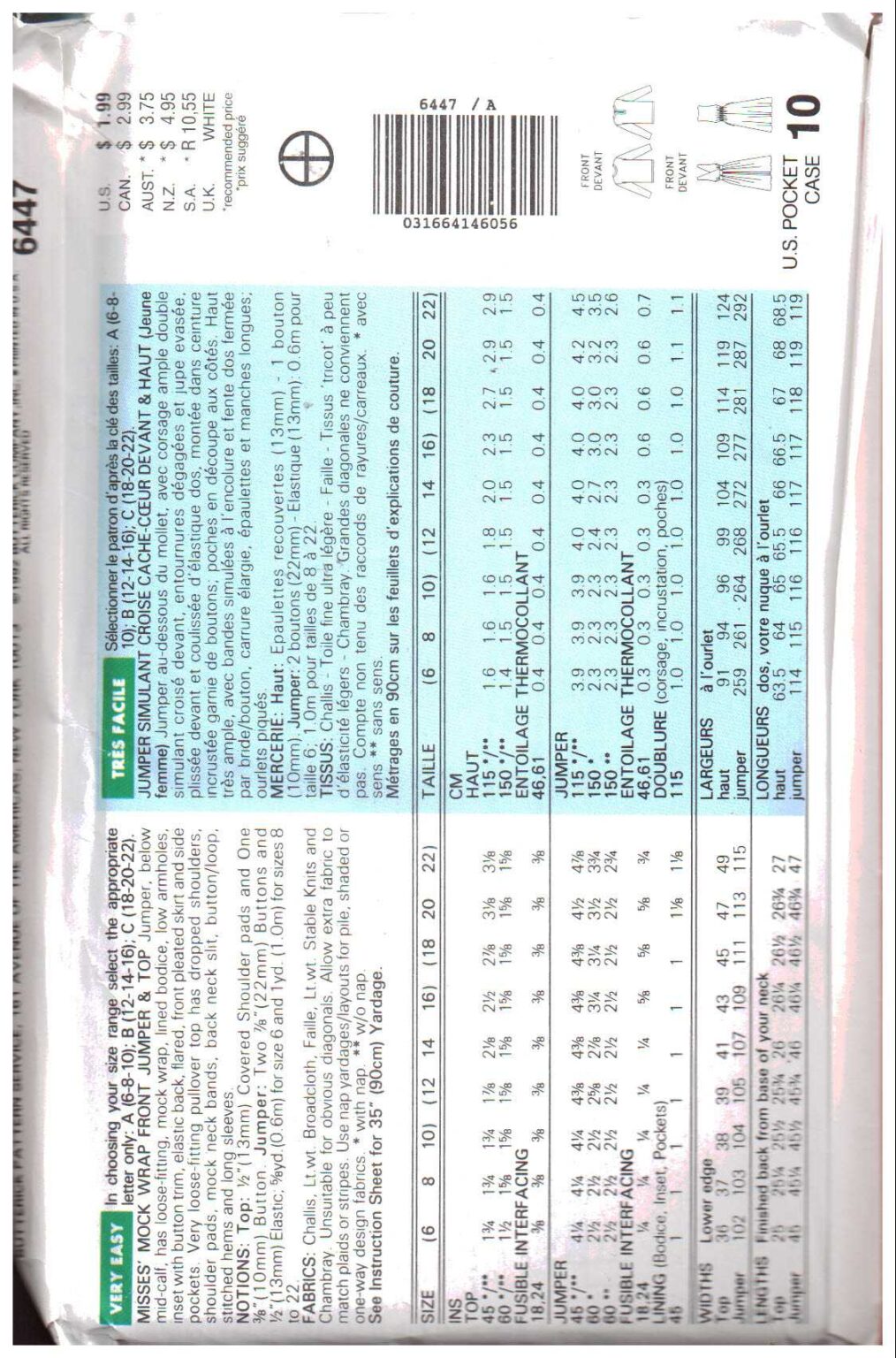 Butterick 6447 Mock Wrap Front Jumper and Tops Size: A 6-8-10 or Size B ...