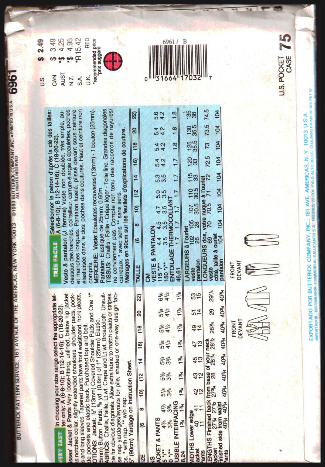 Butterick 6961 Jacket, Pants Size: B 12-14-16 Uncut Sewing Pattern