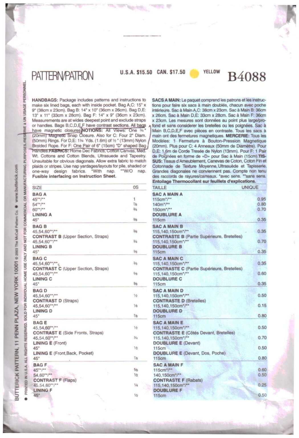 Butterick B4088 Handbags Size: OSZ Uncut Sewing Pattern