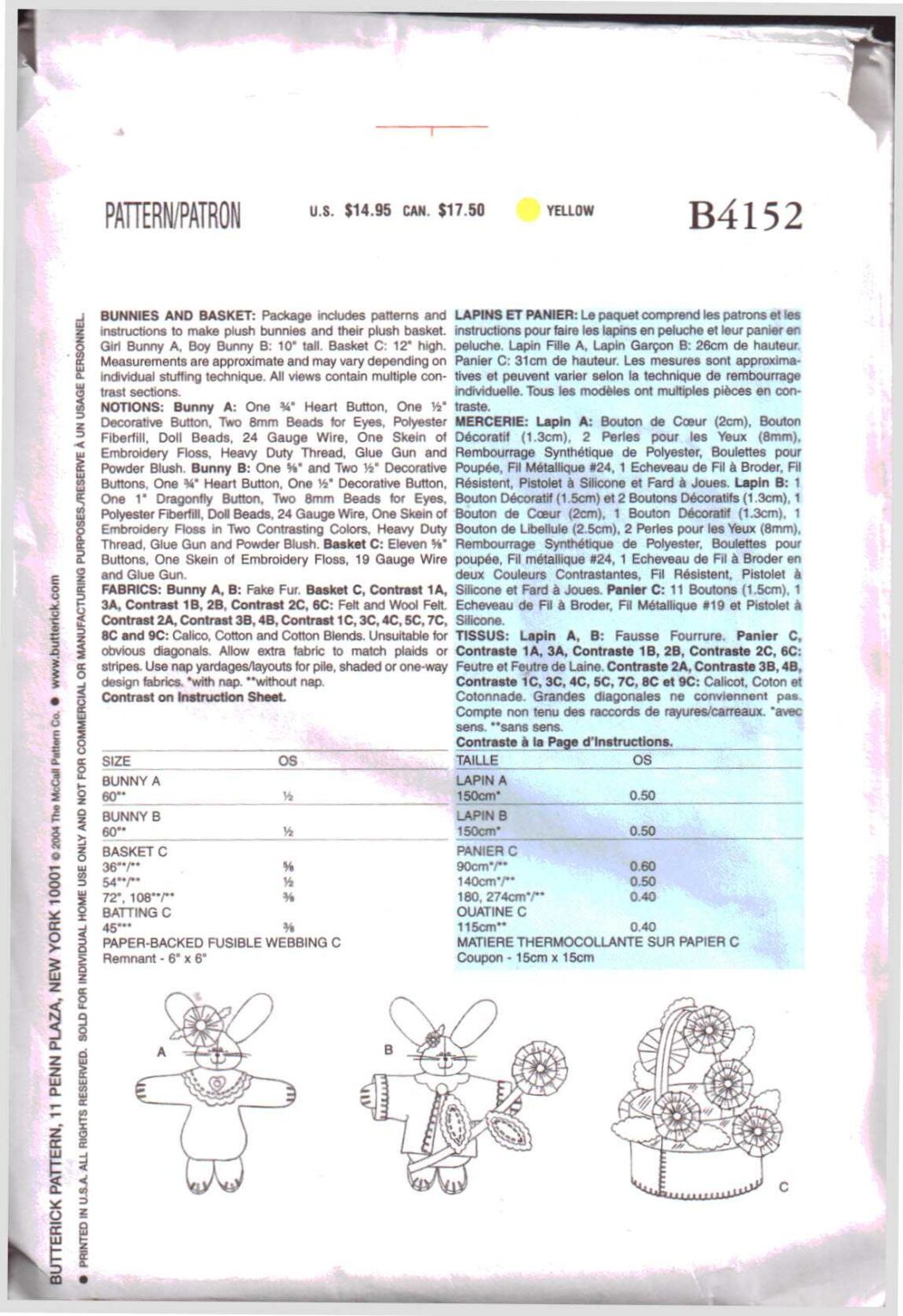 Butterick B4152 Bunnies and Basket Size: 10 Used Sewing Pattern