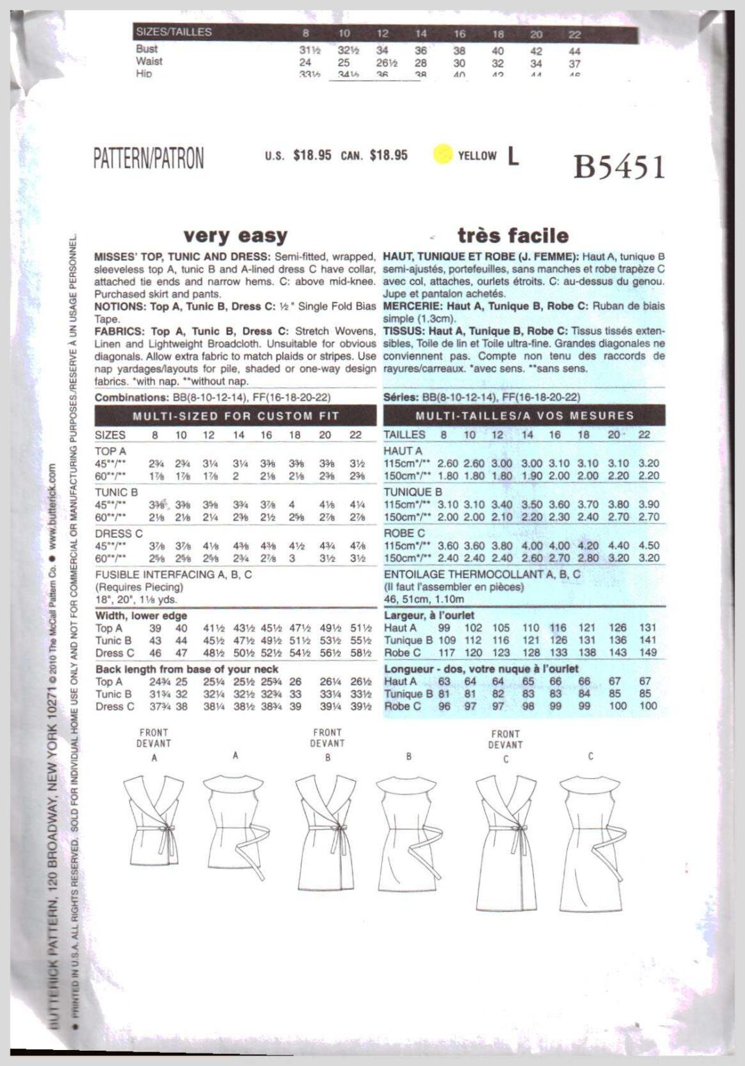 Butterick B5451 Top, Tunic, Dress Size: BB 8-10-12-14 or FF 16-18-20-22 ...