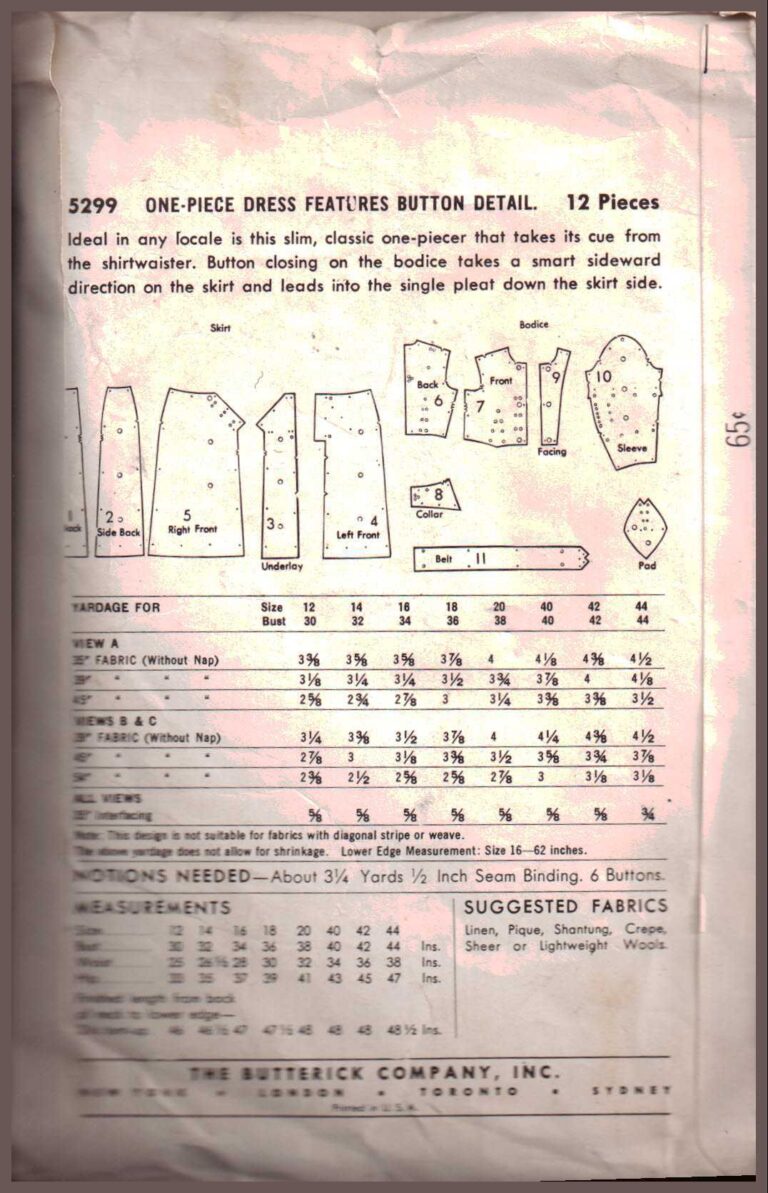 Butterick 5299 Dresses Size: 12 Bust 30 Used Sewing Pattern
