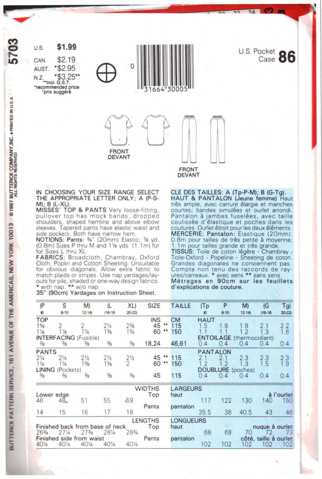 Butterick 5703 Tops, Pants Size: B 16/18-20/22 Uncut Sewing Pattern