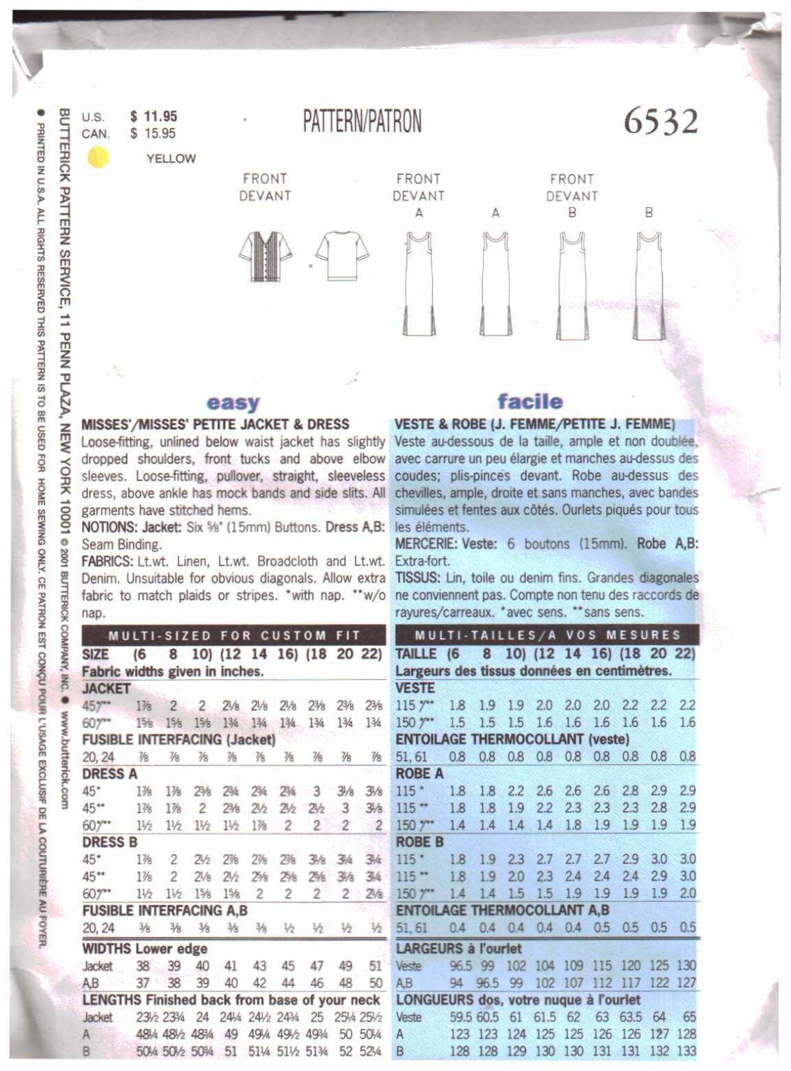 Butterick 6532 Dresses, Jacket Size: 18-20-22 Uncut Sewing Pattern