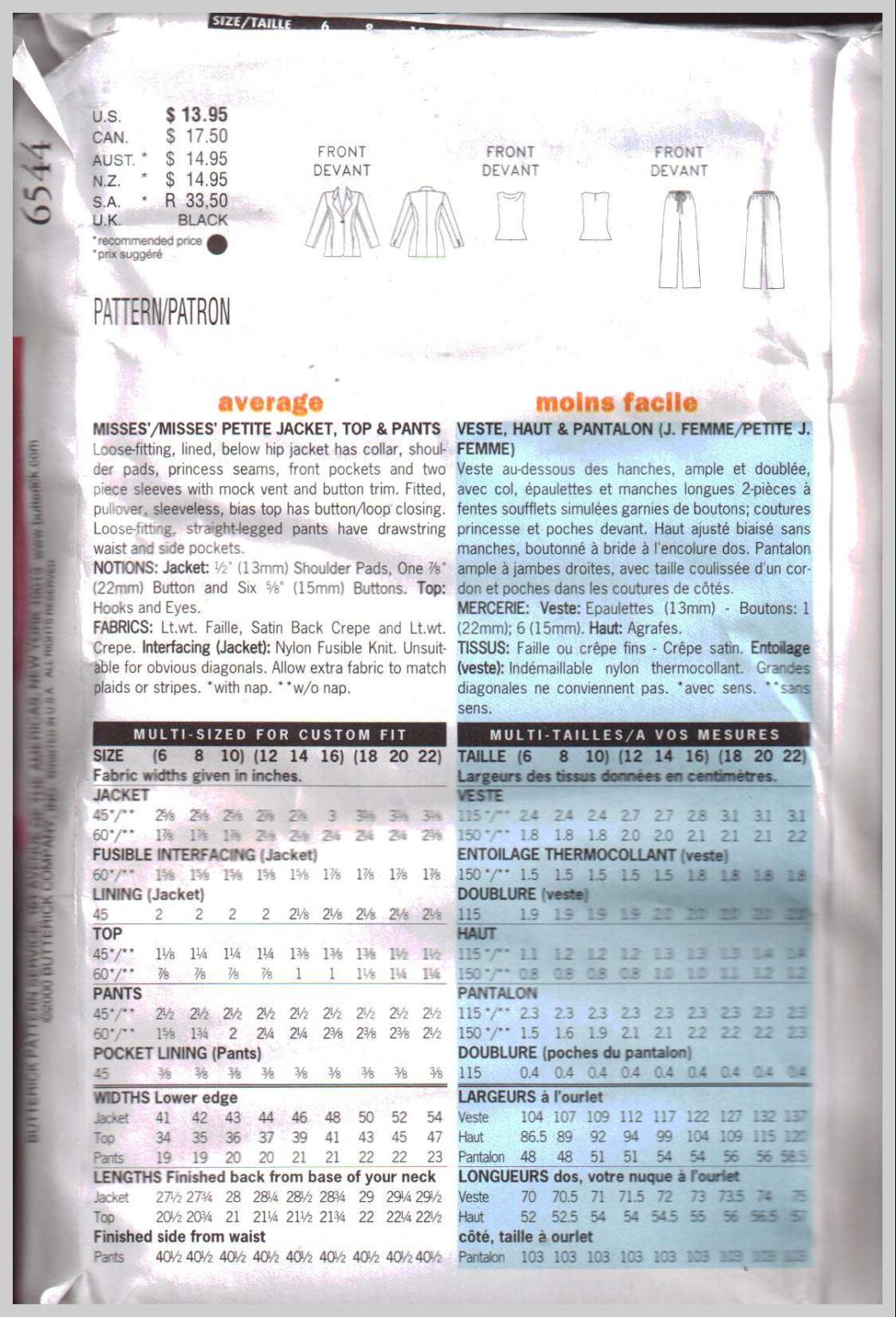 Butterick 6544 Jacket, Top, Pants Size: 12-14-16 Uncut Sewing Pattern