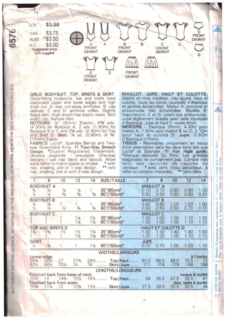 Butterick 6576 Girls Bodysuit, Tops, Briefs, Skirts Size: 7-8-10 Used ...