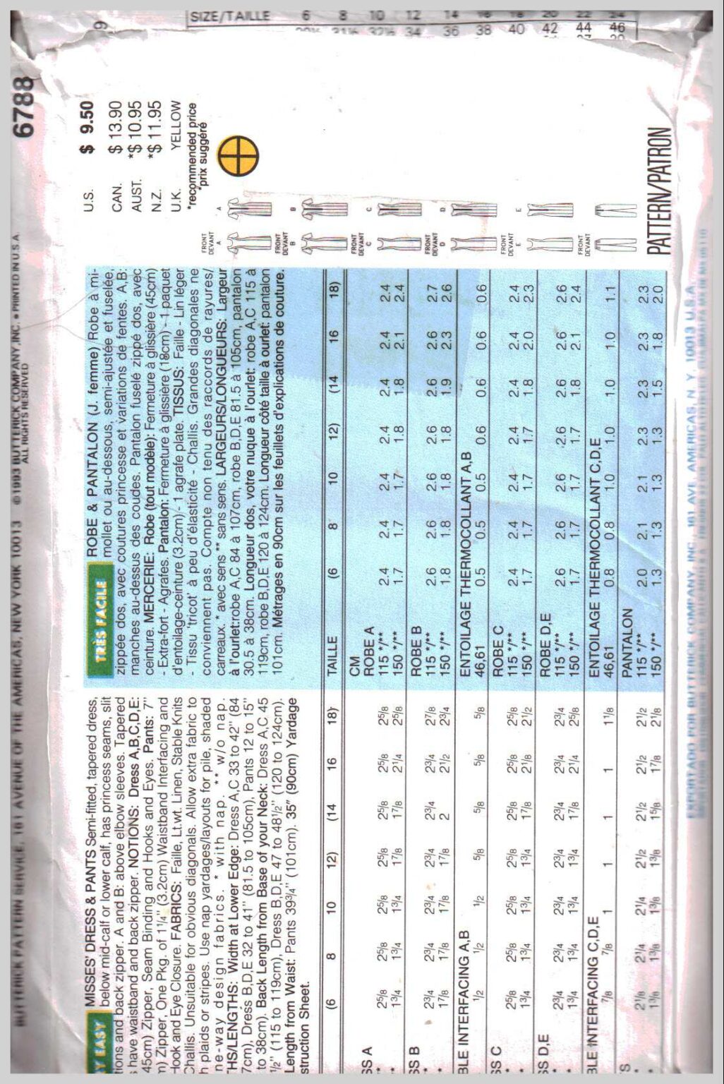 Butterick 6788 Dresses, Pants Size: 6-8-10-12 Used Sewing Pattern