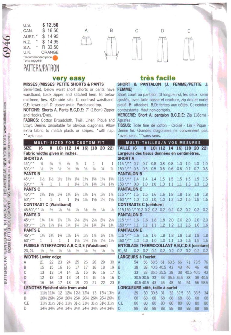 Butterick 6946 Shorts, Pants Size: 12-14-16 Uncut Sewing Pattern
