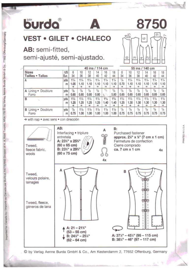 Burda 8750 Vest Size: 8-18 Uncut Sewing Pattern