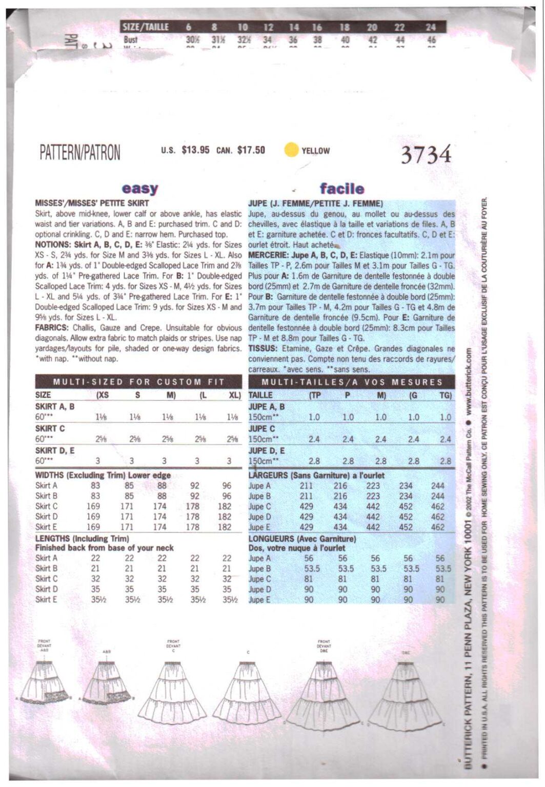 Butterick 3734 Skirts Size: XS-S-M Used Sewing Pattern