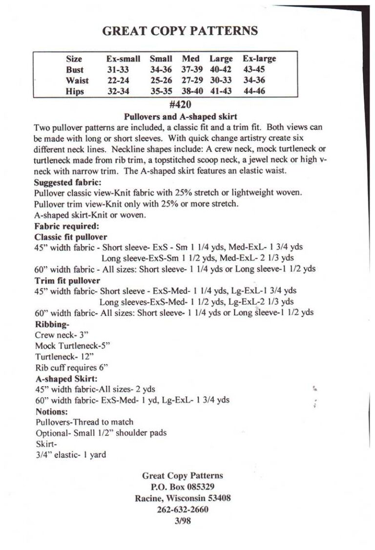 Great Copy Patterns 420 Pullovers & A-Shaped Skirt Size: XS-XL Uncut ...