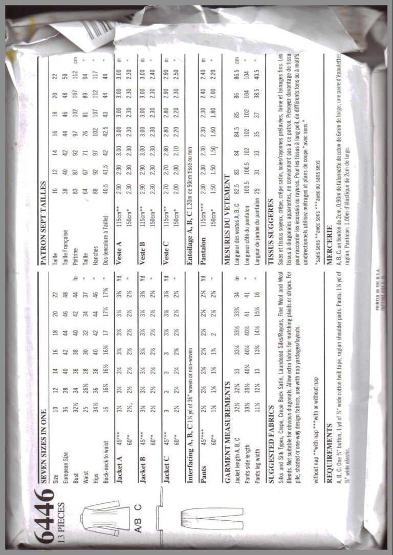 New Look 6446 Jacket, Pants SIZE: A 10-22 Uncut Sewing Pattern