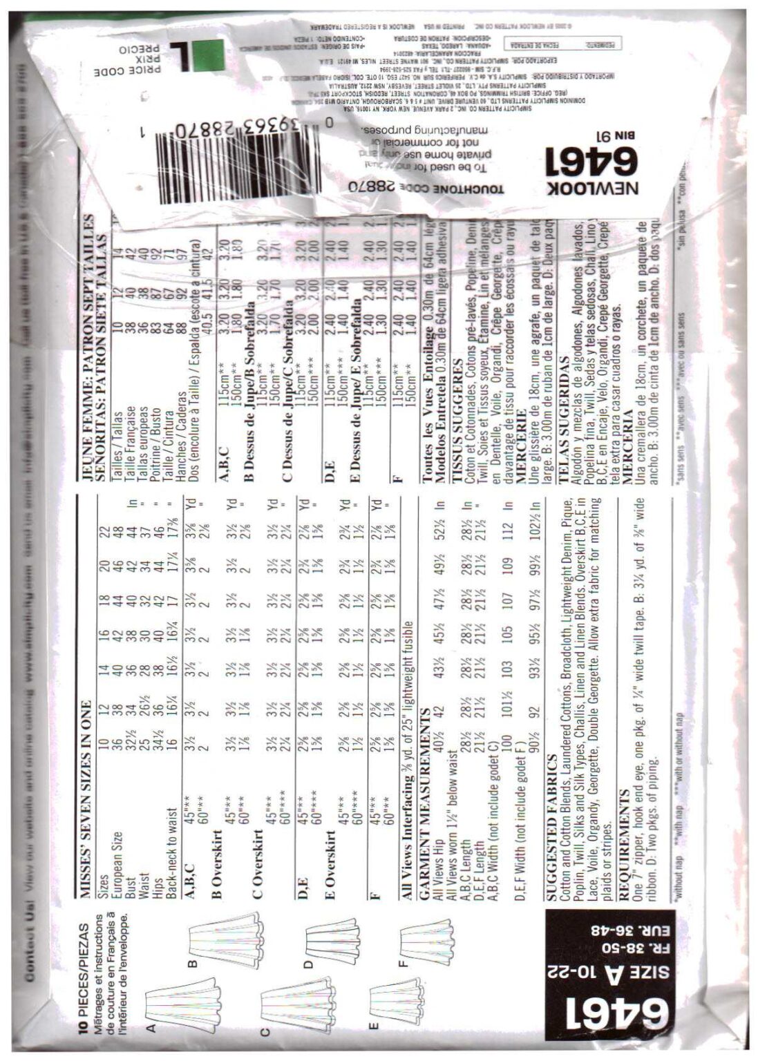 New Look 6461 Skirt Size: A 10-22 Uncut Sewing Pattern