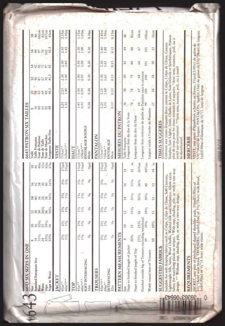 New Look 6643 Jacket, Top, Trousers Size: 8-18 Uncut Sewing Pattern