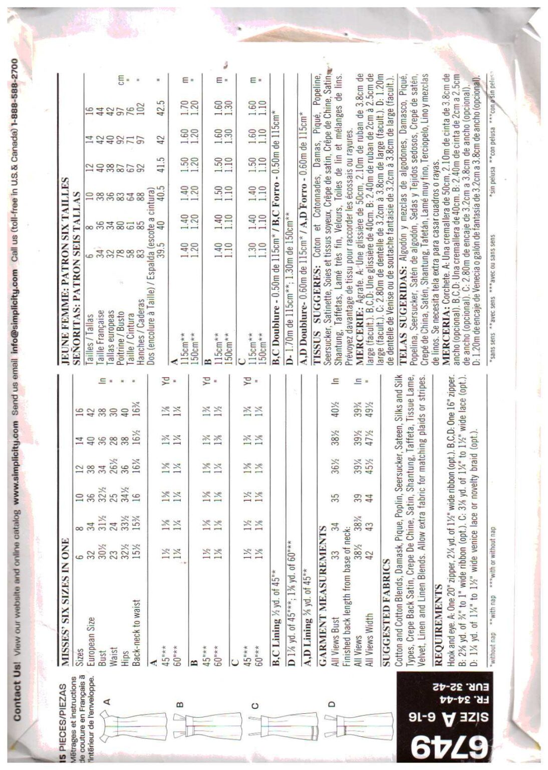 New Look 6749 Dress Size: A 6-16 Used Sewing Pattern