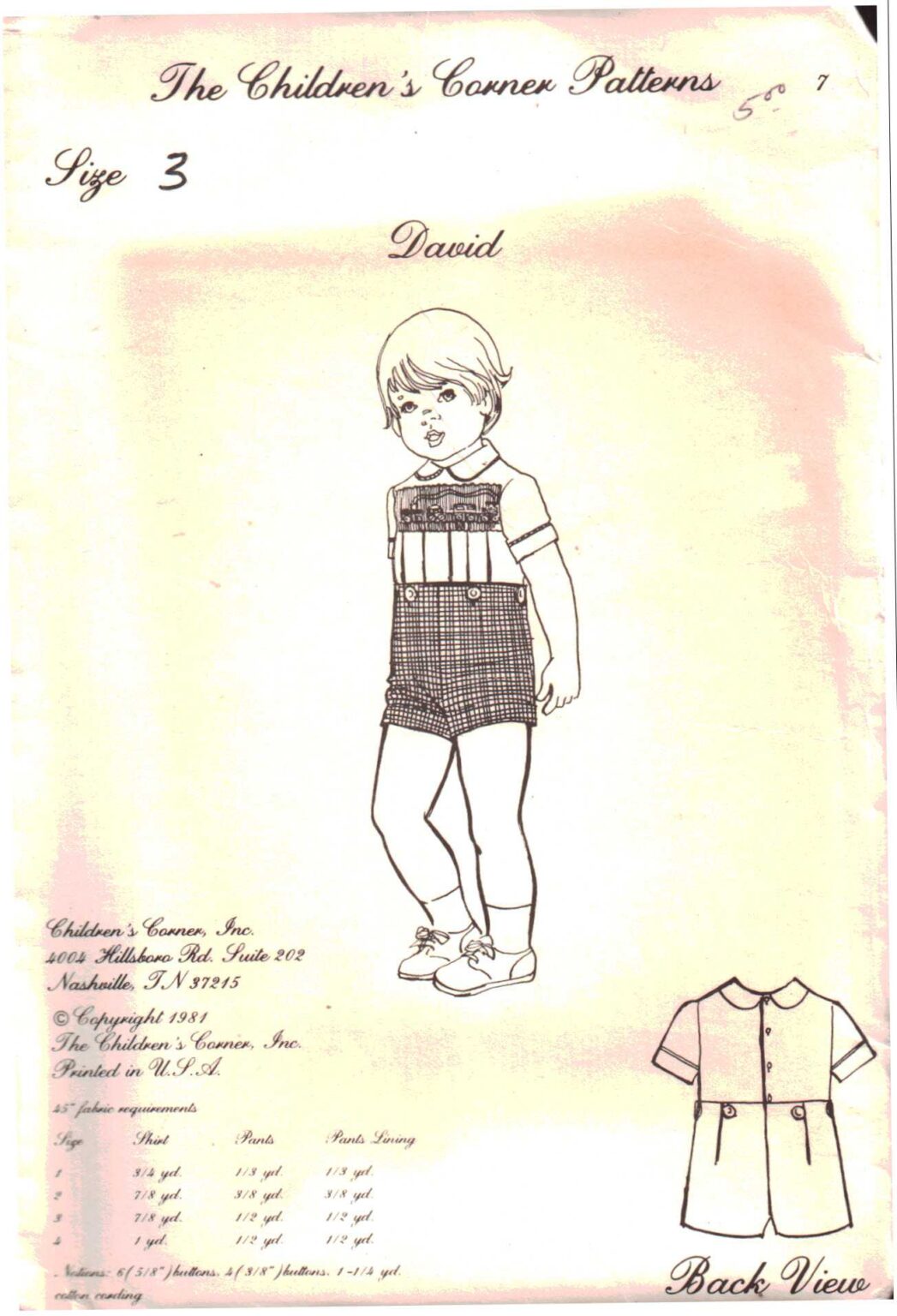 The Children's Corner Patterns 7 David Size: 3 Used Sewing Pattern
