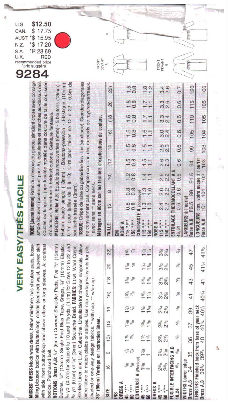 Vogue 9284 Misses Dress Size: 18-10-22 Uncut Sewing Pattern