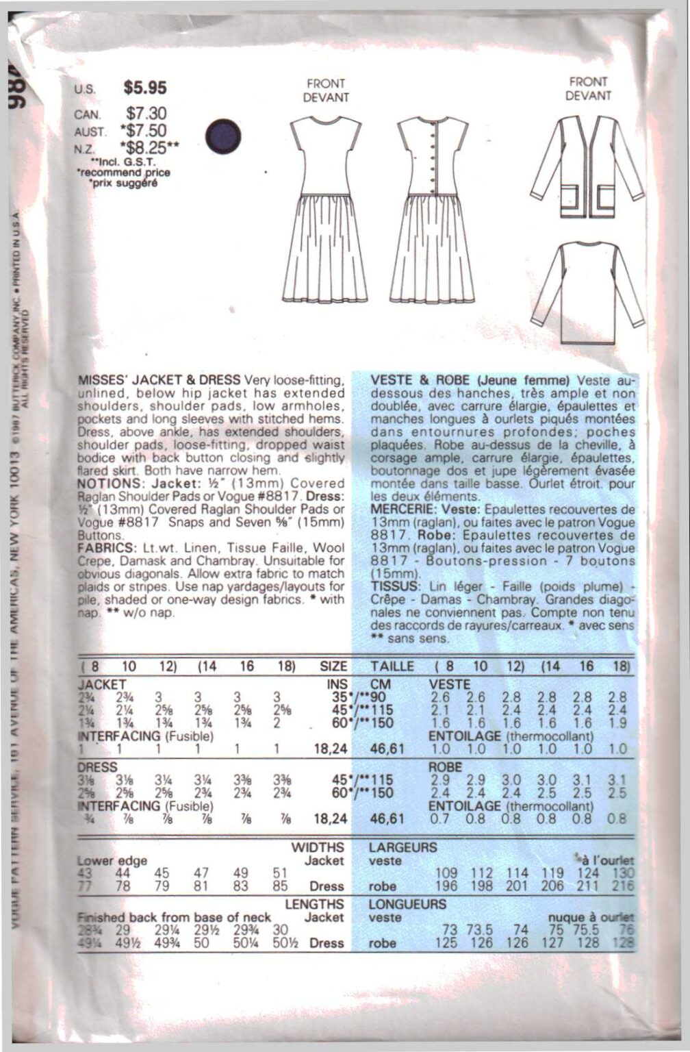 Vogue 9845 Misses’ Dress, Jacket Size: 8-10-12 or 14-16-18 Uncut Sewing ...