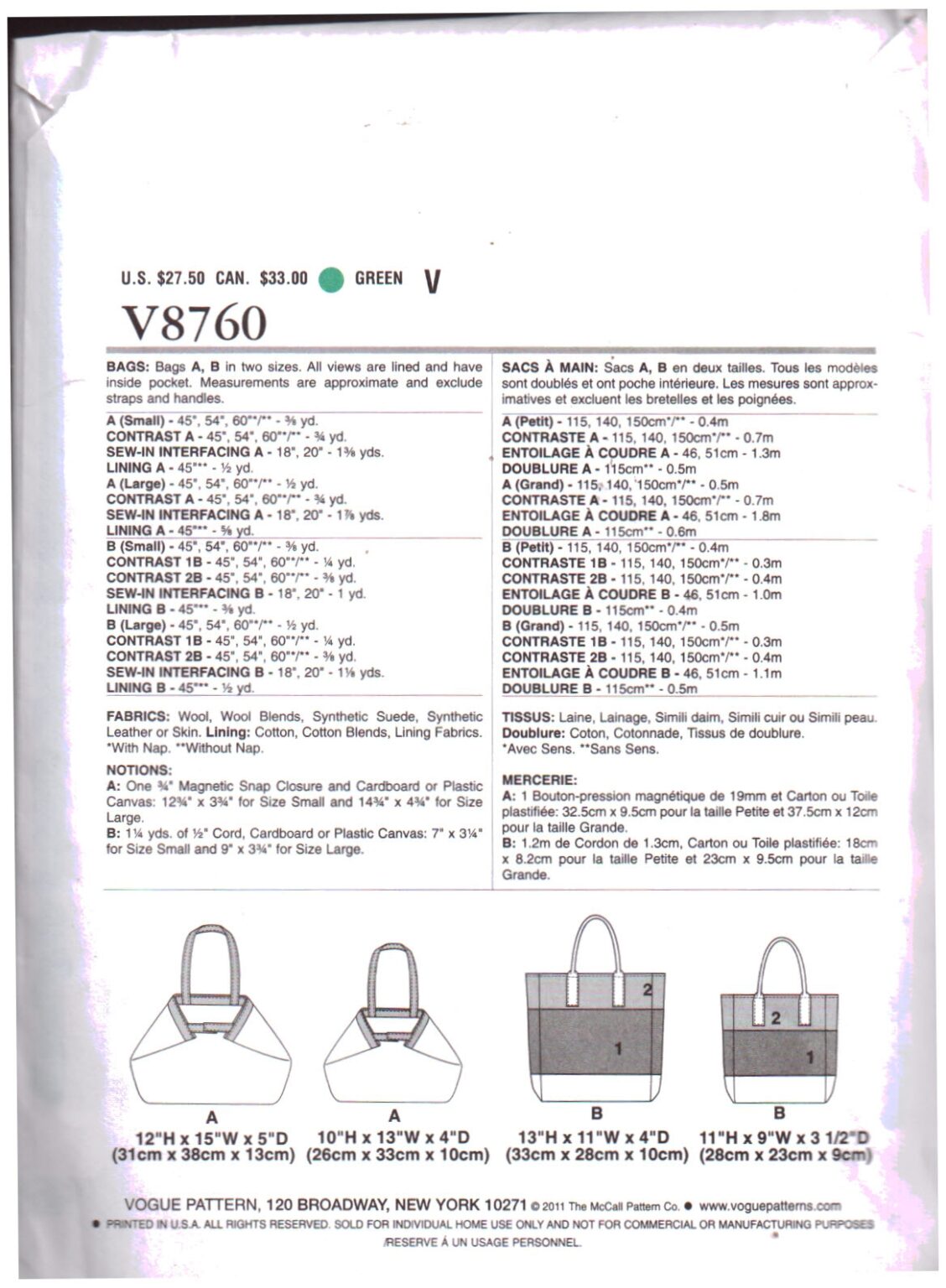 Vogue V8760 Handbags Size: One Uncut Sewing Pattern