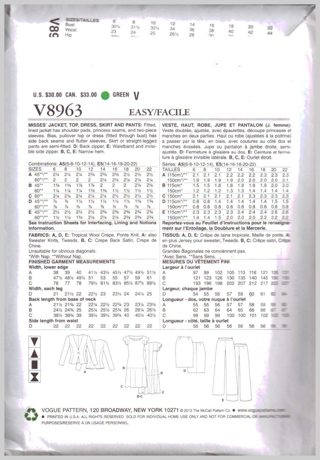 Vogue V8963 Misses' Jacket, Top, Dress, Skirt, Pants Size: A5 6-8-10-12 ...