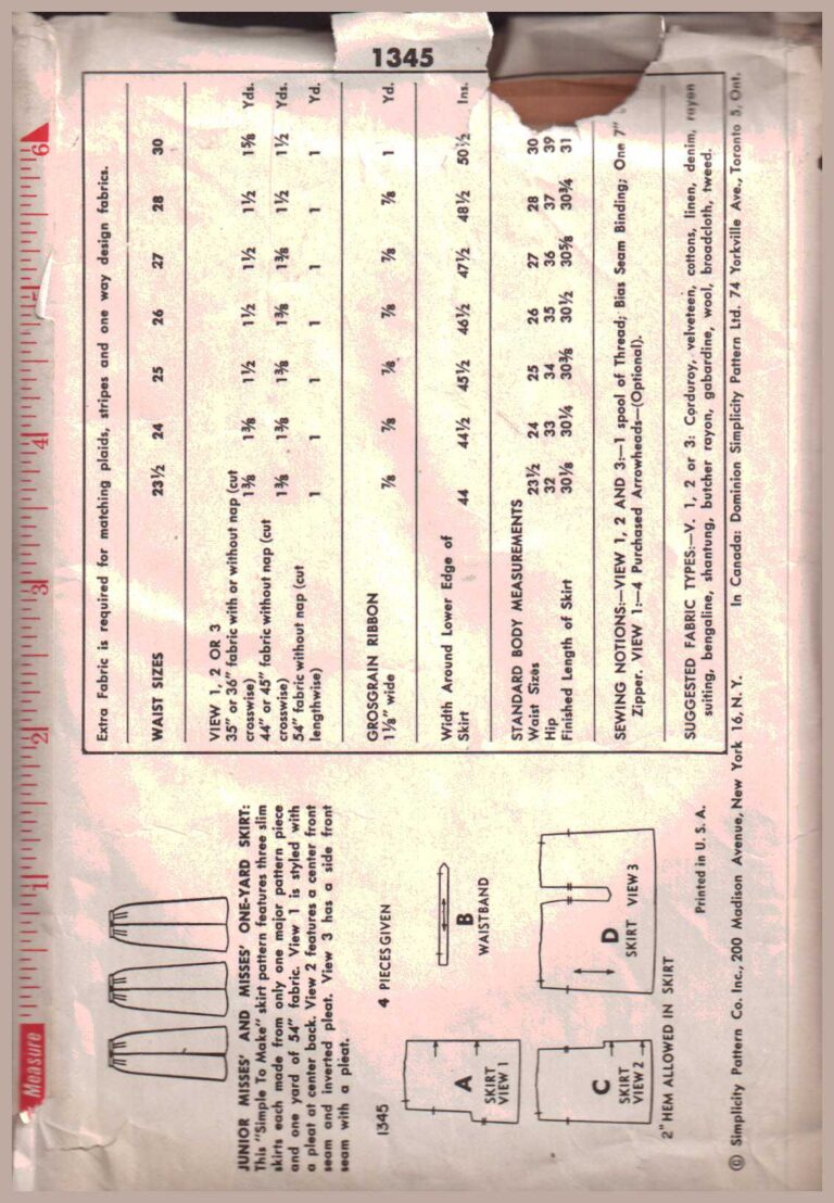 Simplicity 1345 Skirts Size: Waist 30 Hip 39 Uncut Sewing Pattern