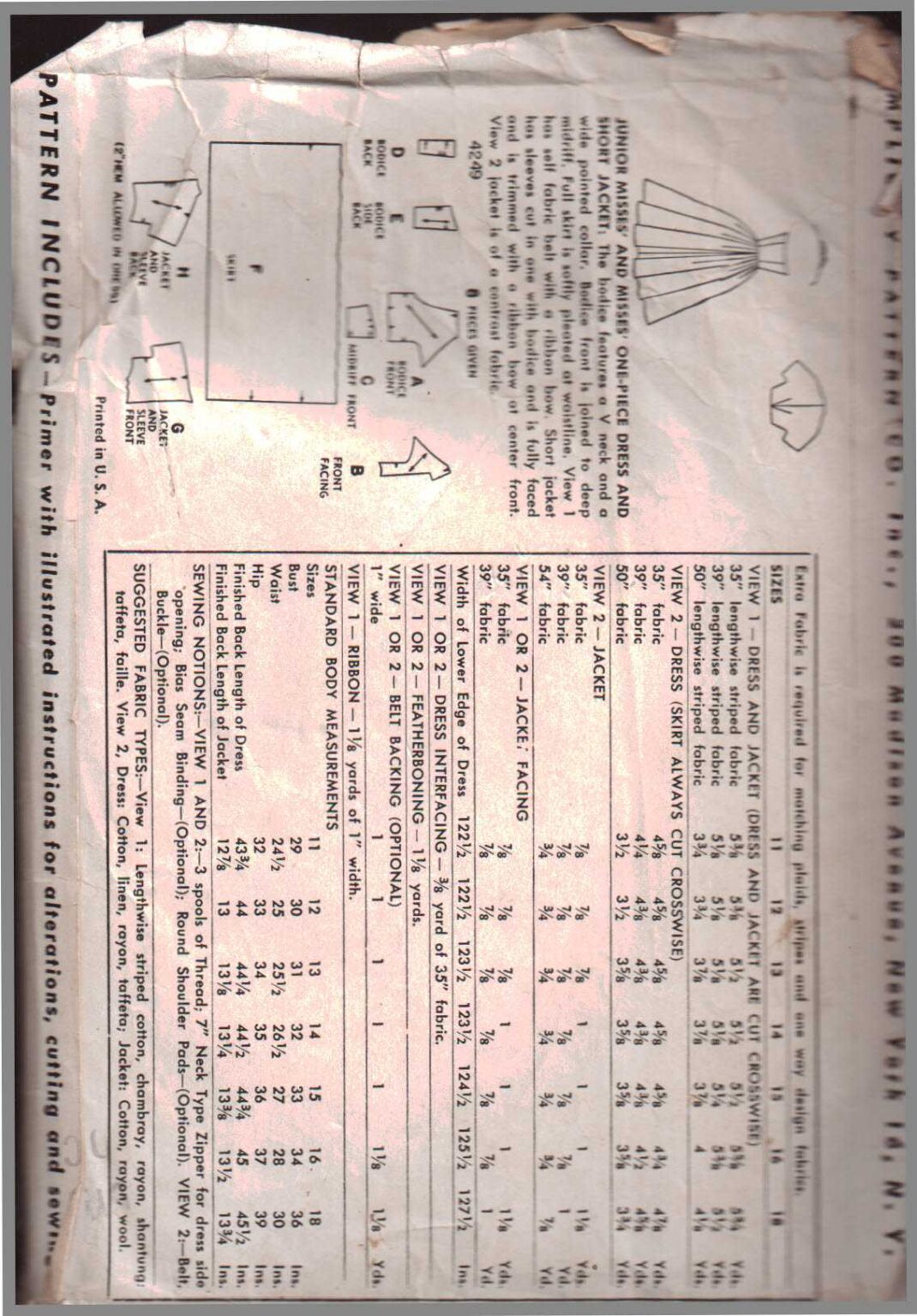 Simplicity 4249 Dress, Jacket - estimated Vintage 1950's Size: 14 Bust ...