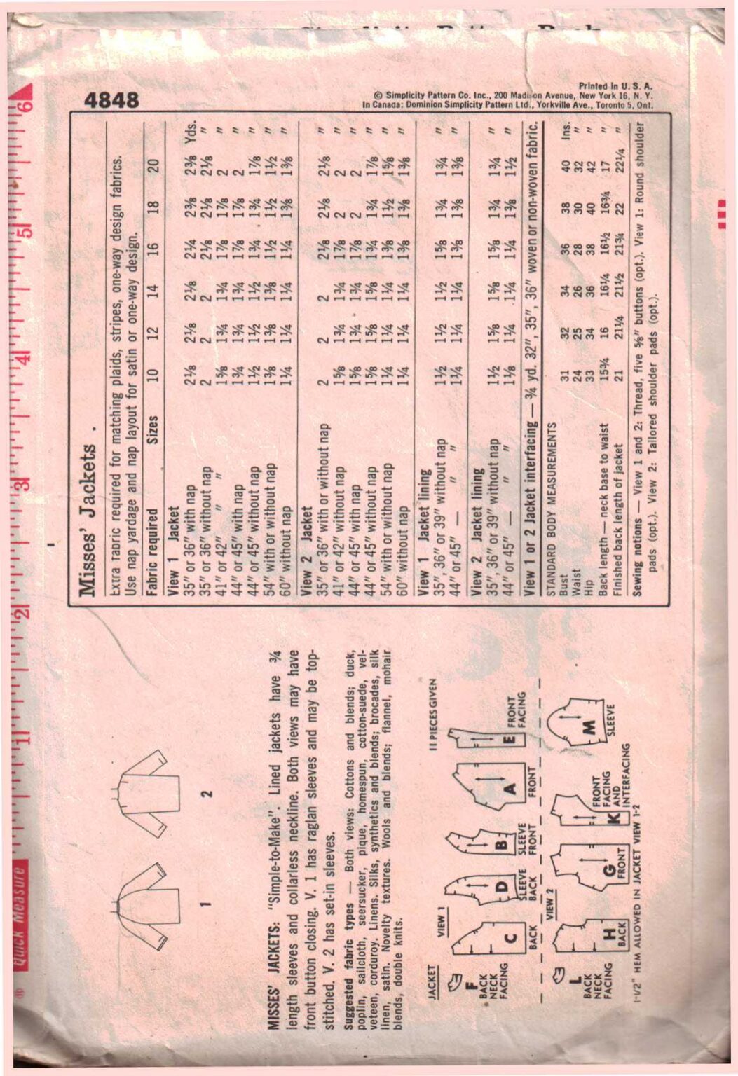 Simplicity 4848 Jacket - estimated Vintage 1970's Size: 16 Bust 36 Used ...