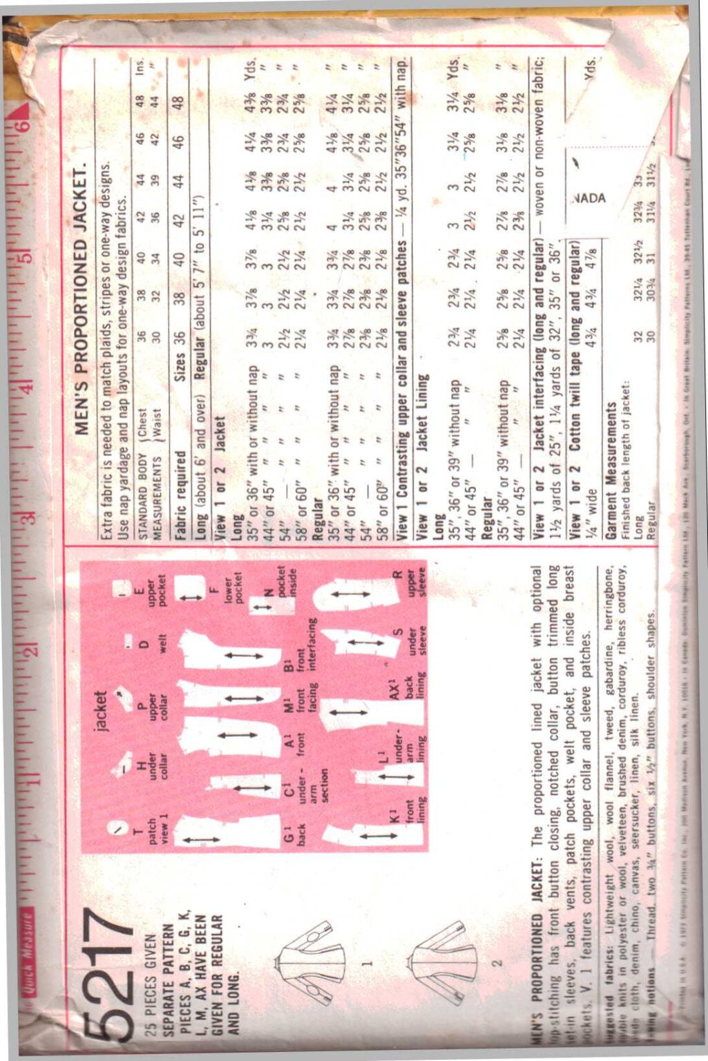 Simplicity 5217 Men's Proportioned Jacket Size: 46 Chest 46 Waist 42 ...