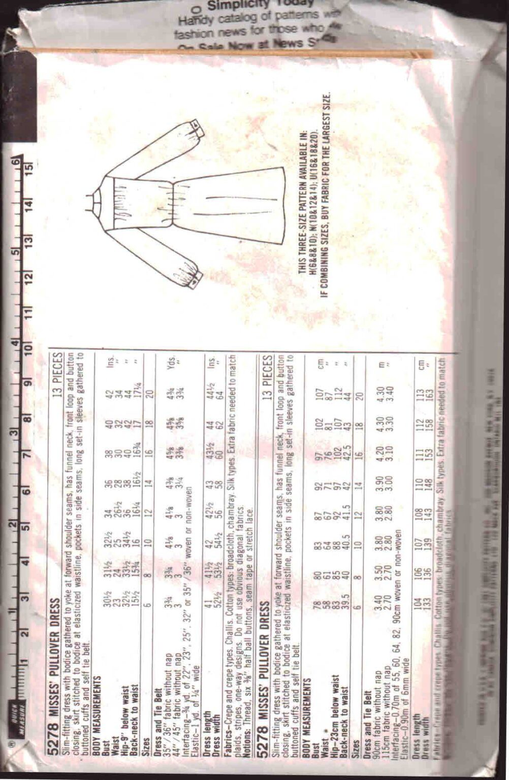 Simplicity 5278 Pull-over Dress Size: H 6-8-10 Uncut Sewing Pattern