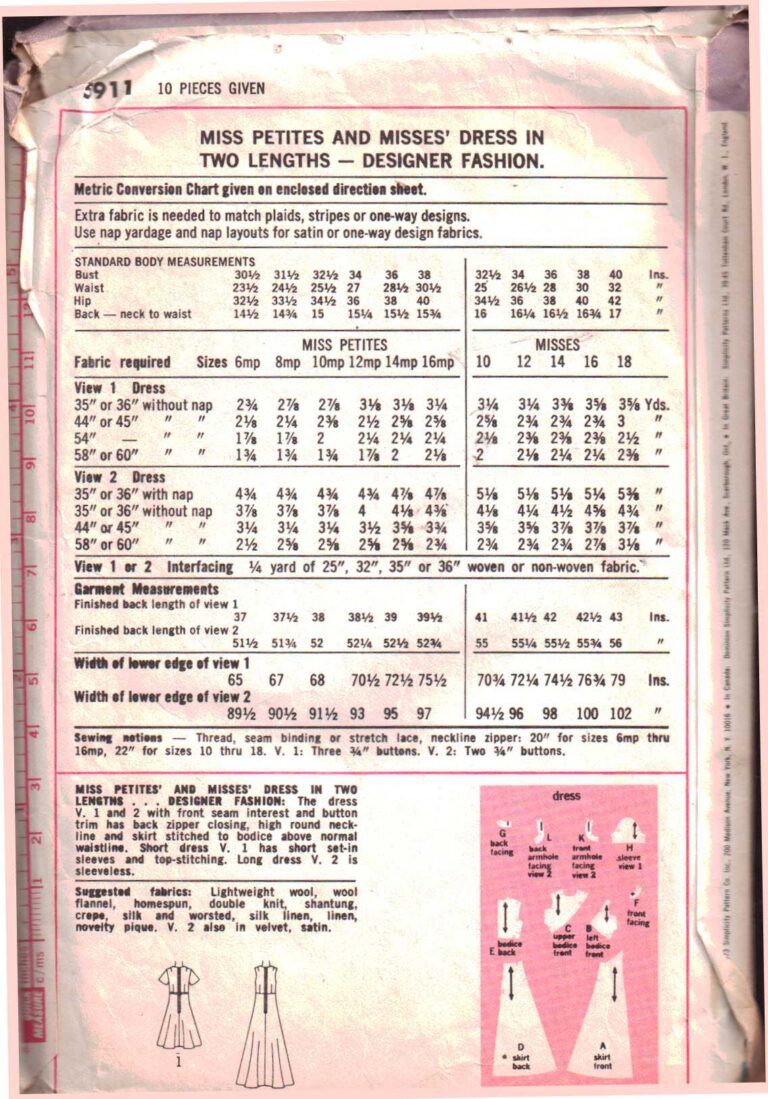 Simplicity 5911 Dress Size: 14 Bust 36 or 16 Bust 38 Used Sewing Pattern