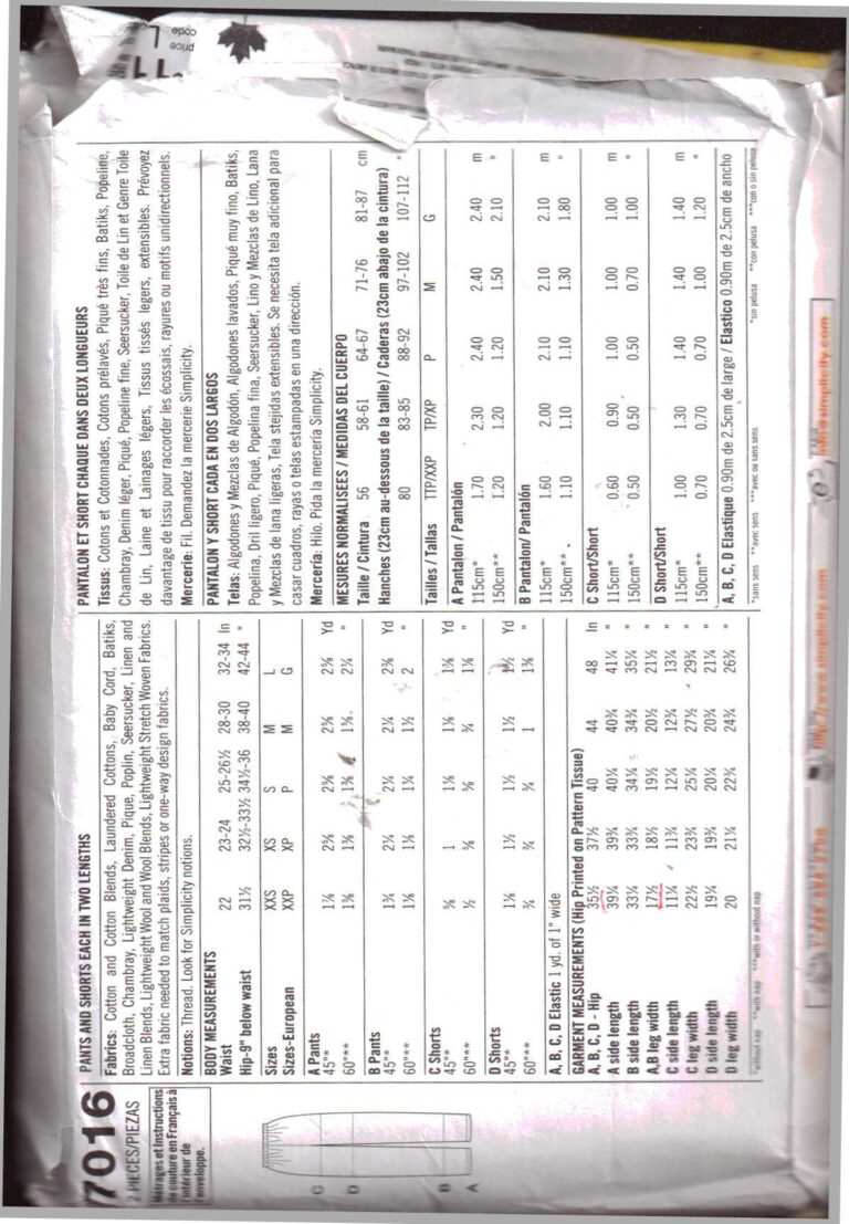 Simplicity 7016 Pants, Shorts each in two lengths Size: AA XXS=XSS Used ...