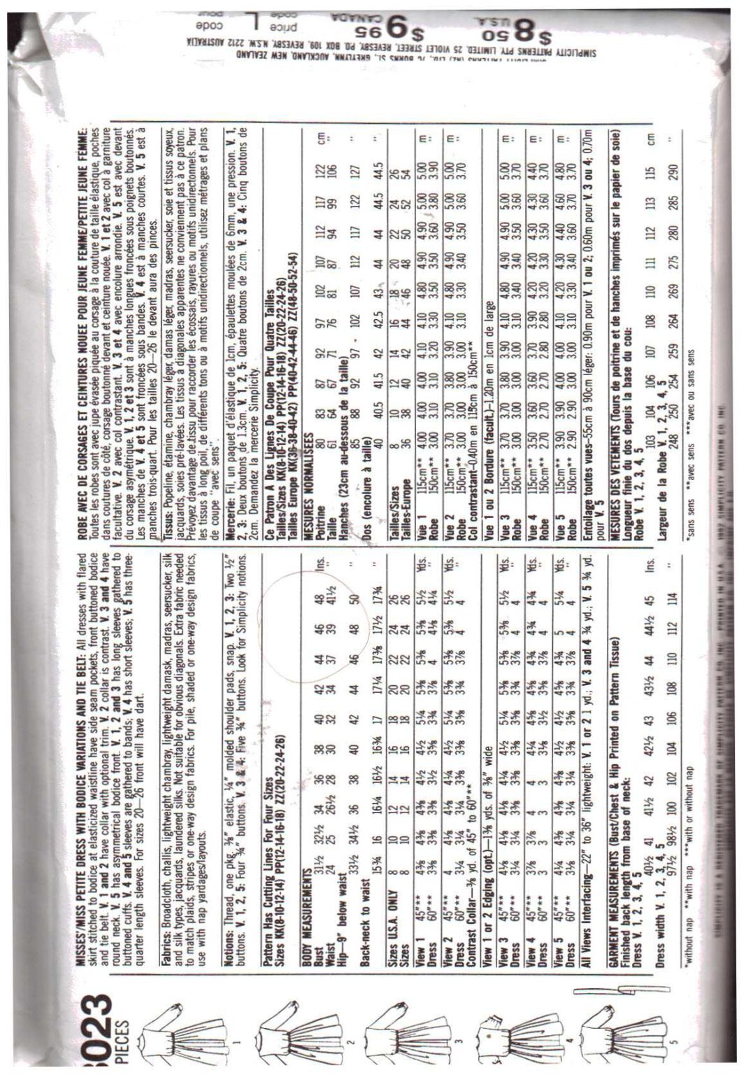 Simplicity 8023 Dress with bodice variations, Belt Size: PP 12-18 Uncut ...