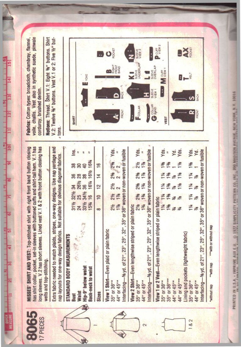 Simplicity 8065 Shirt, Vest Size: 12 Uncut Sewing Pattern