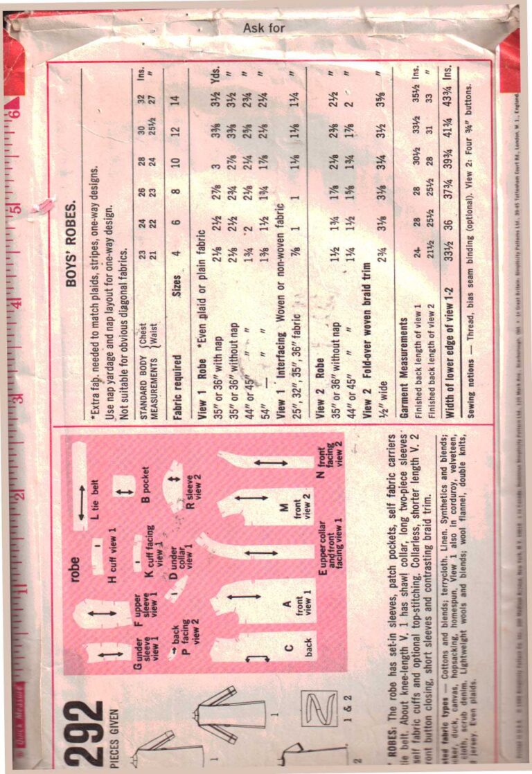 Simplicity 8292 Boys Robes Size: 10 Used Sewing Pattern