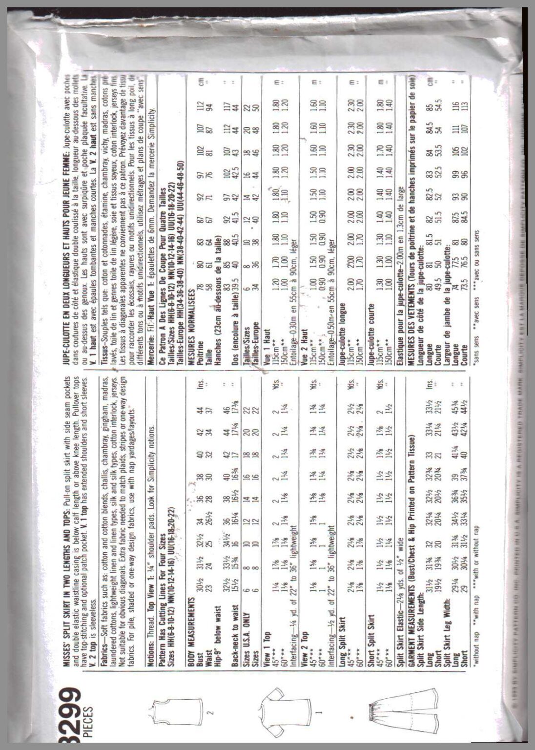 Simplicity 8299 Split Skirt in two lengths, Tops Size: HH 6-12 Uncut Sewing Pattern