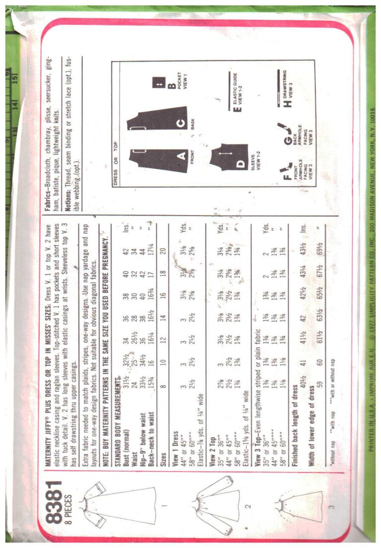 Simplicity 8381 Maternity Dress, Top Size: 12 Used Sewing Pattern