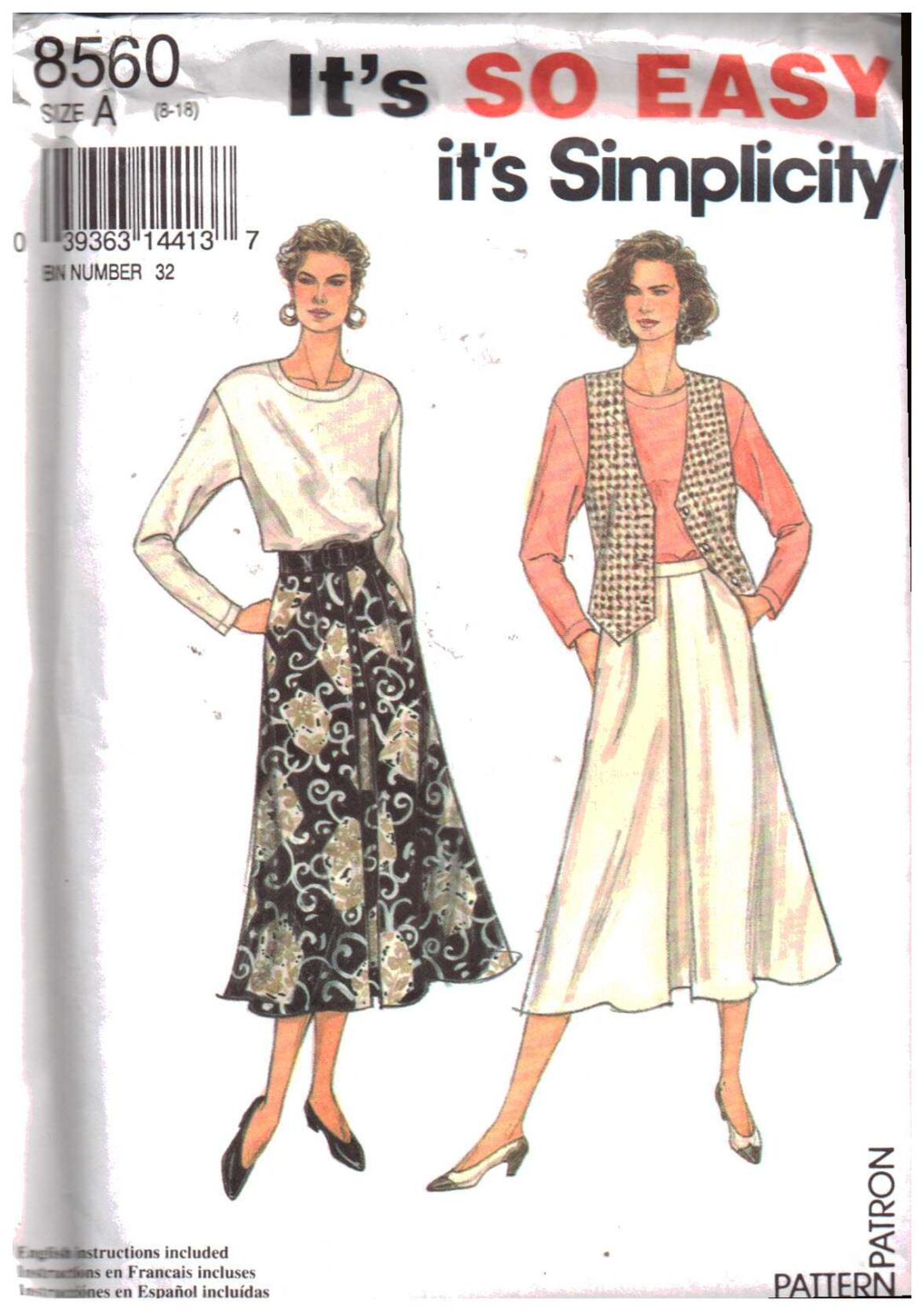 Simplicity 8560 Skirt, Top, Lined Vest Size: A 8-18 Uncut Sewing Pattern