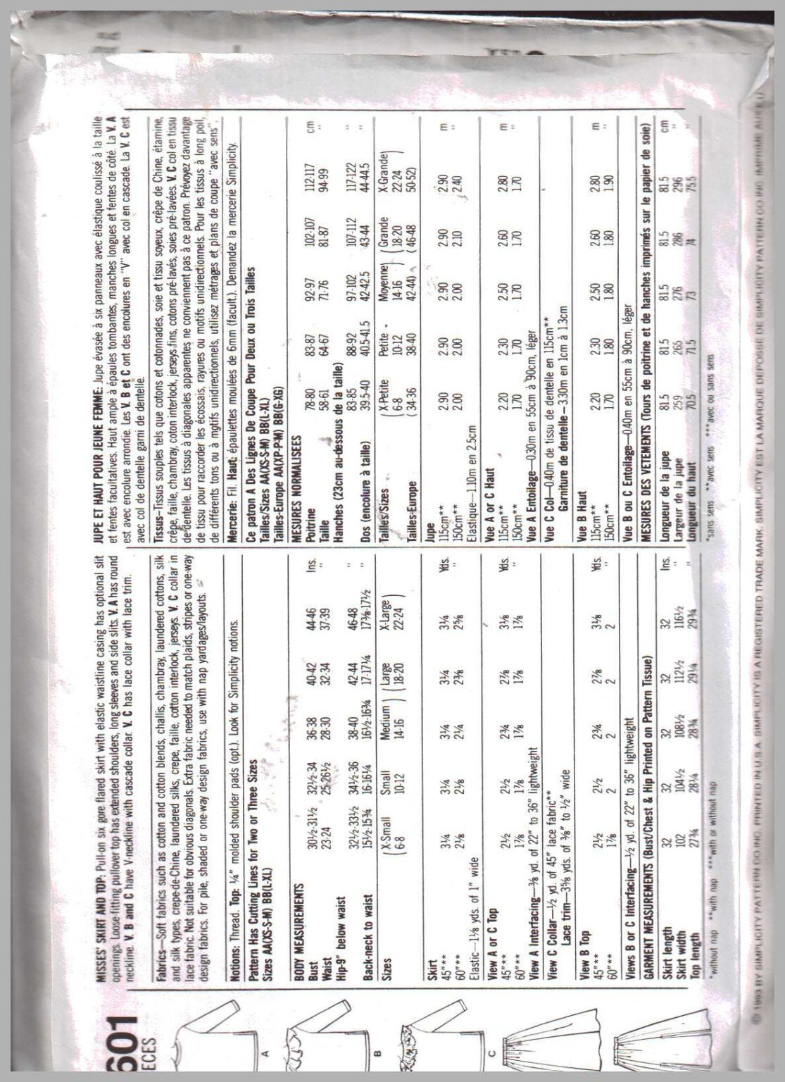 Simplicity 8601 Shirt, Top Size: AA XS-MD Uncut Sewing Pattern