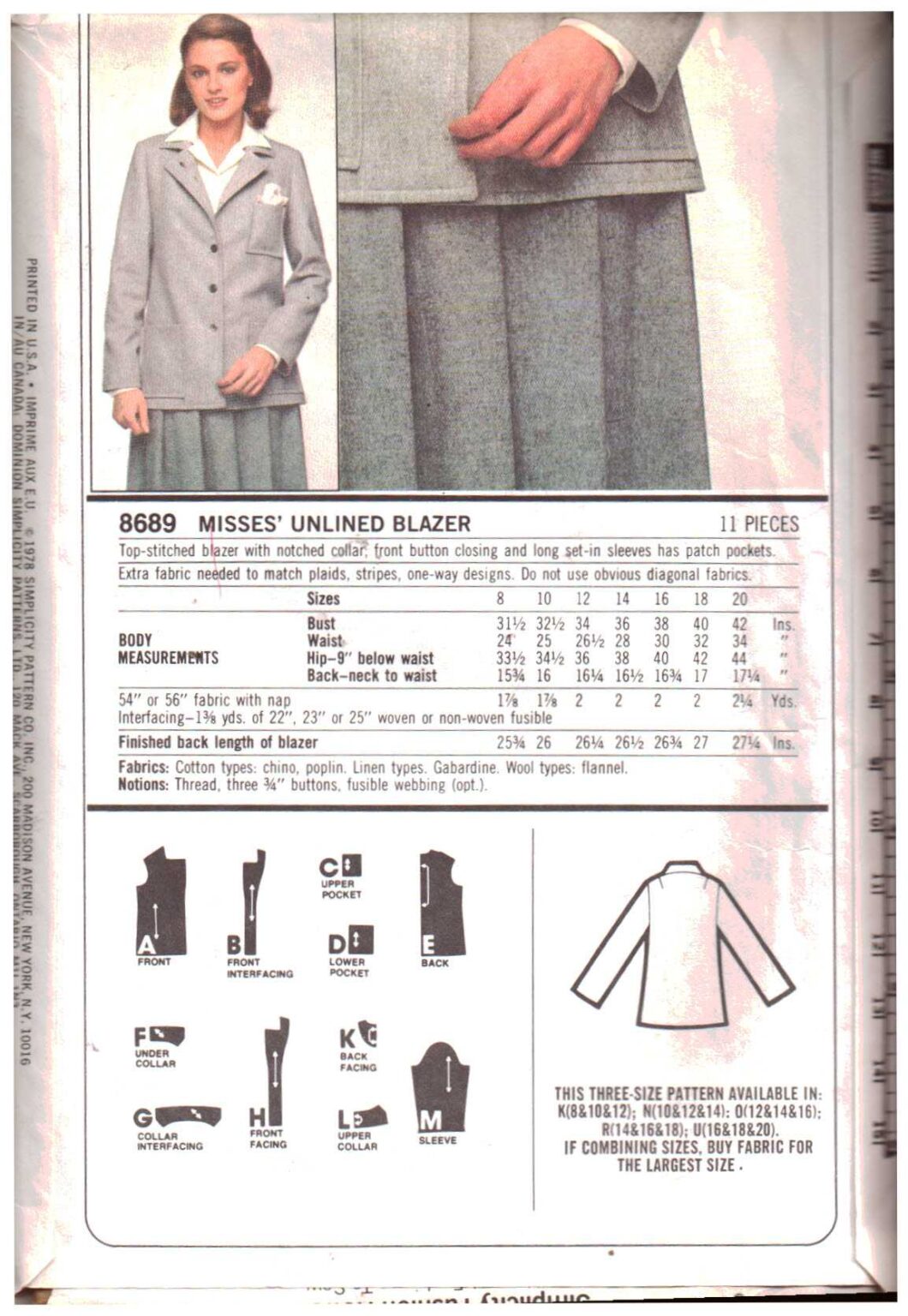 Simplicity 8689 Unlined Blazer Size: N 10-12-14 or K 8-10-12 or R 14-16 ...