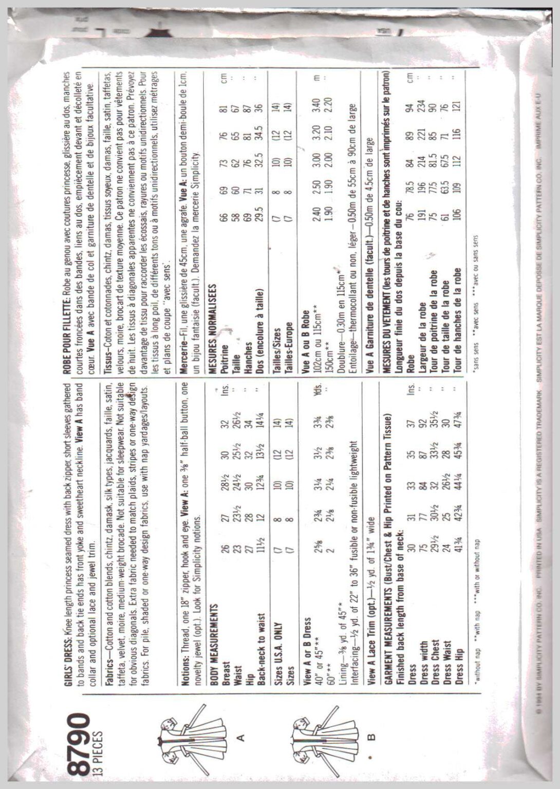 Simplicity 8790 Girl's Dress Size: BB 12-14 Uncut Sewing Pattern