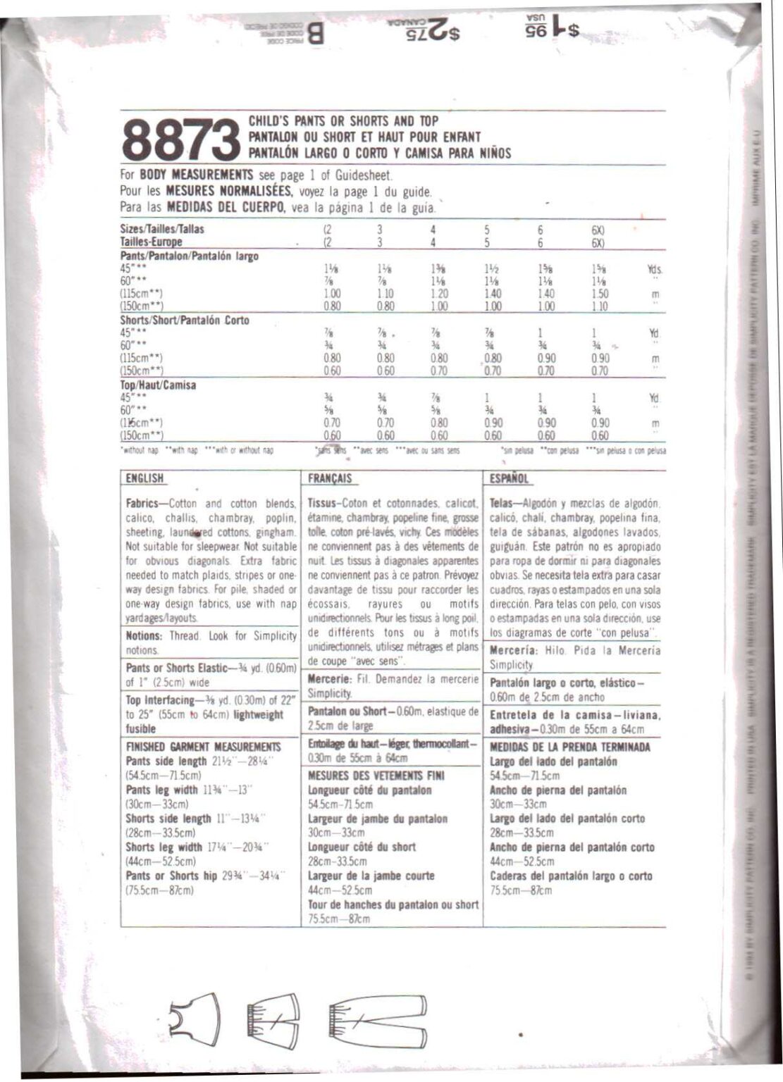 Simplicity 8873 Girl's Pants, Shorts, Top Size: A 2-3-4-5-6-6X Uncut ...