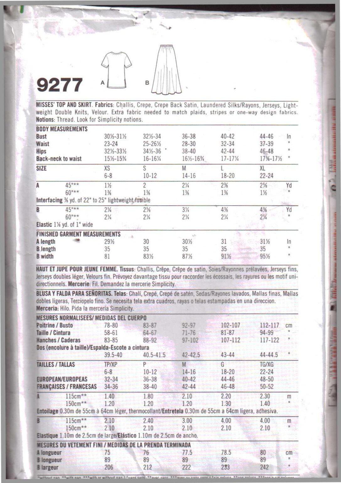 Simplicity 9277 Top, Skirt Size: A XS-S-M-L-XL Uncut Sewing Pattern