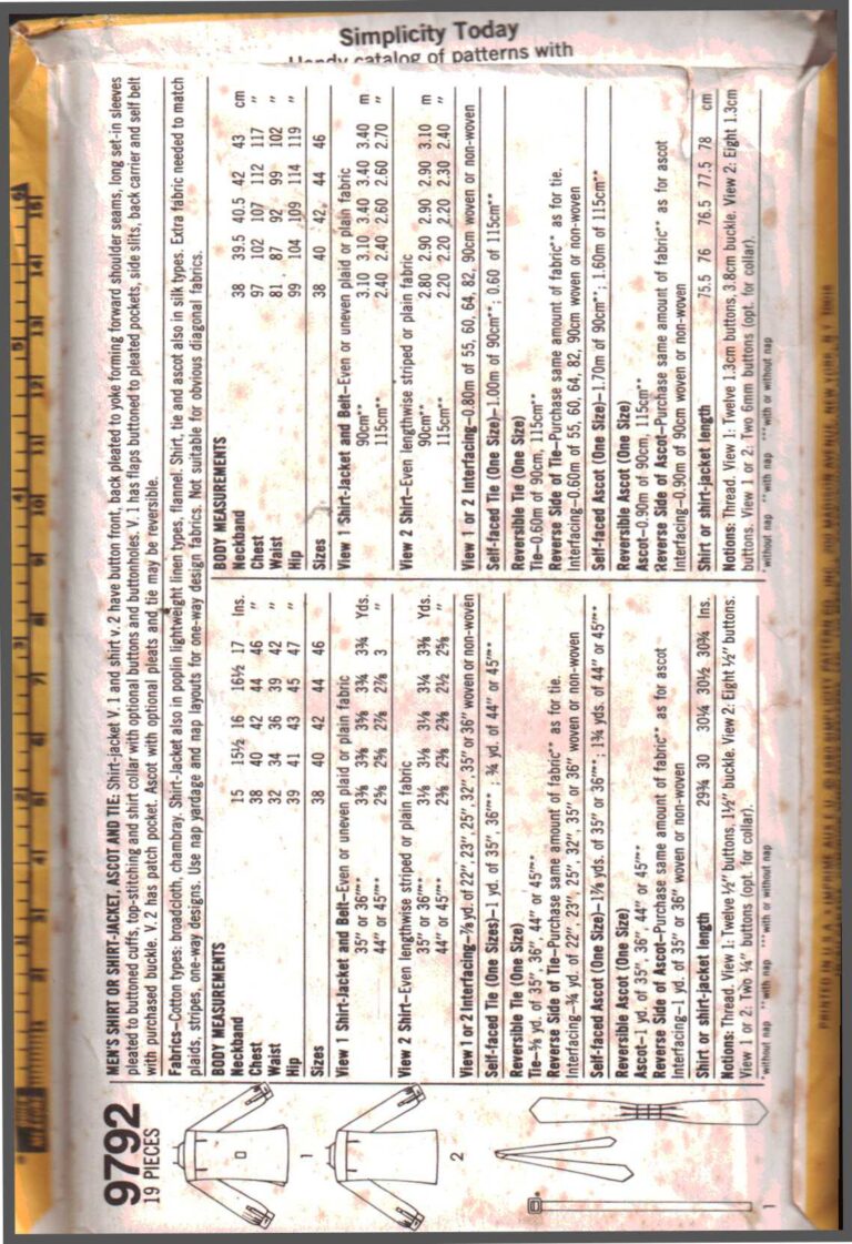 Simplicity 9792 Mens Shirt, Shirt-Jacket, Ascot, Tie Size: 46 Uncut ...