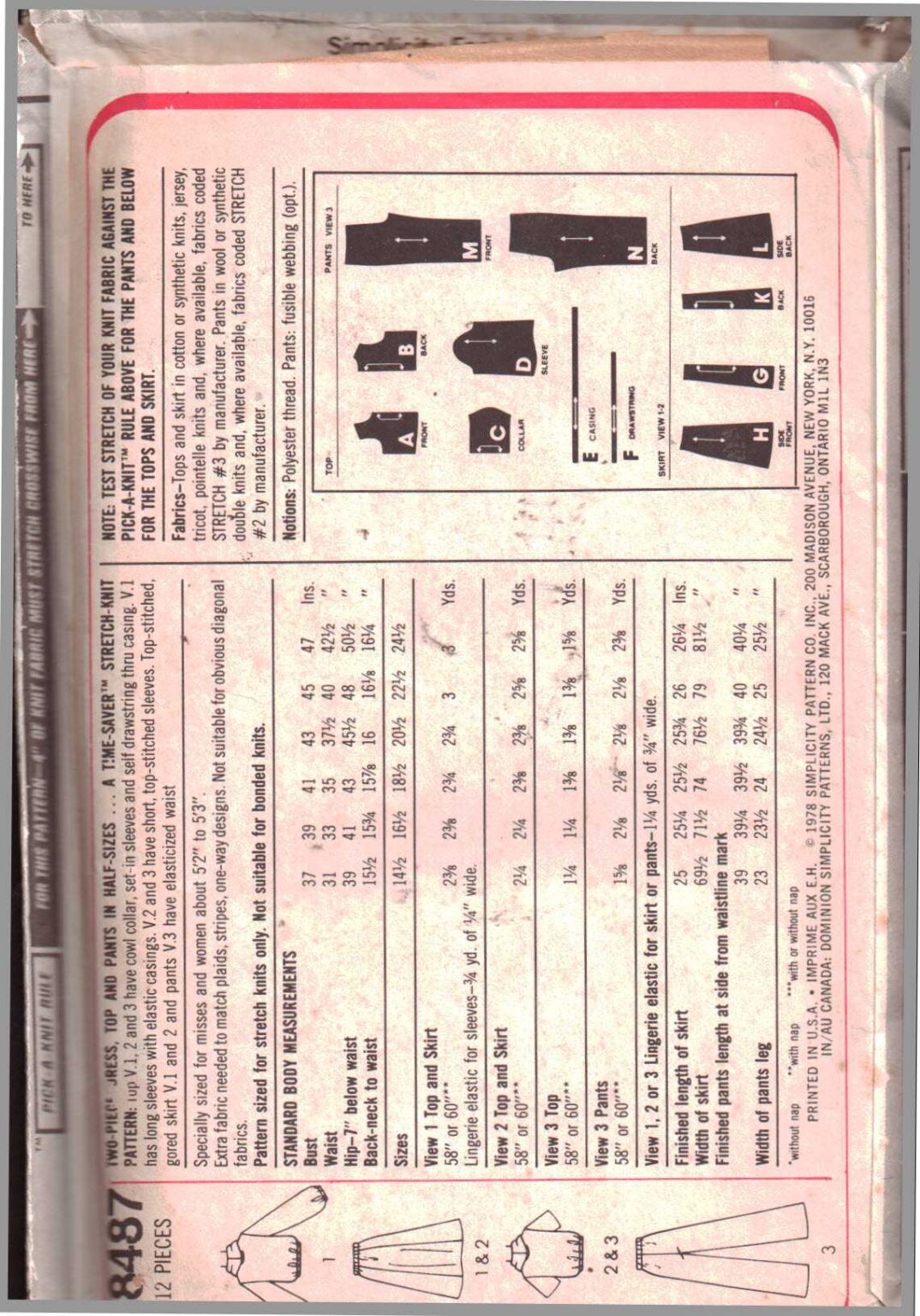 Simplicity 8487 Two Piece Dress, Top and Pants in Half-Sizes Size: O 16 ...