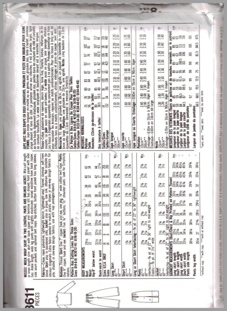 Simplicity 8611 Mock Wrap Skirt in two lengths, Pants, Jacket Size: N ...